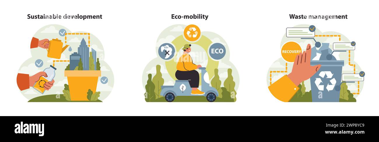 Eco-Responsibility set. Urban greening, watering plants. Green ...