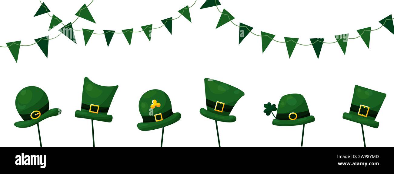 St. Patricks Day banner with green Elf hats on sticks and garlands of ...
