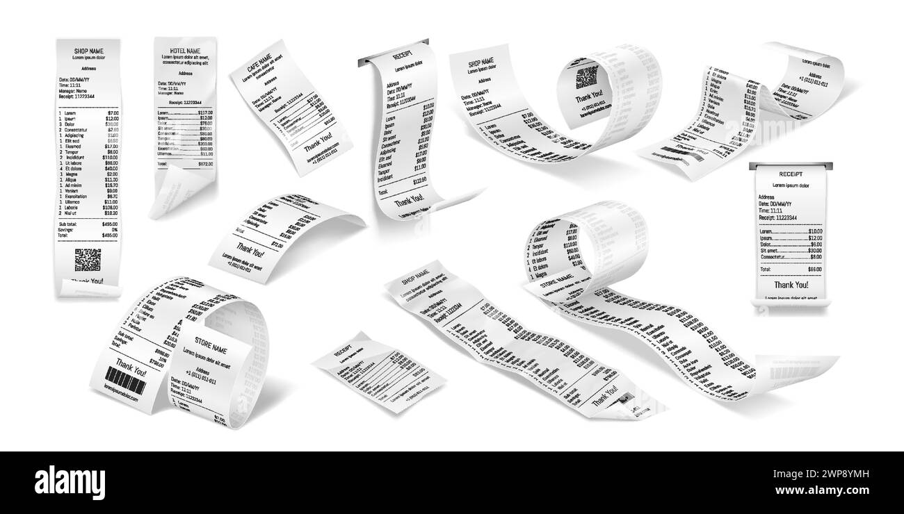 Payment paper checks realistic vector illustration set. Bills for ...