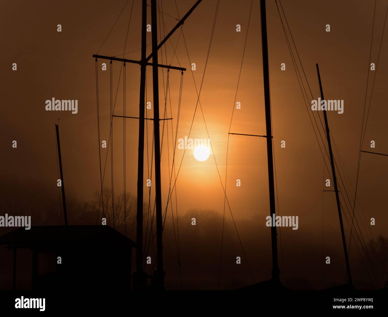 Big, orange sun; an abstract array of yacht masts at sunrise in ...