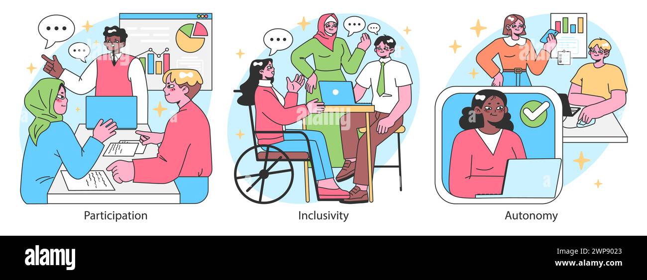 Empowerment set. Confident office employees, inclusive team ...