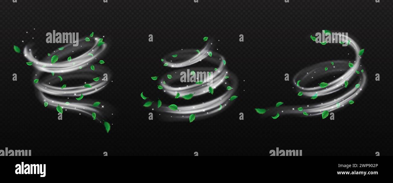 Silver dust and leaves whirls realistic vector illustration set. Fairy ...