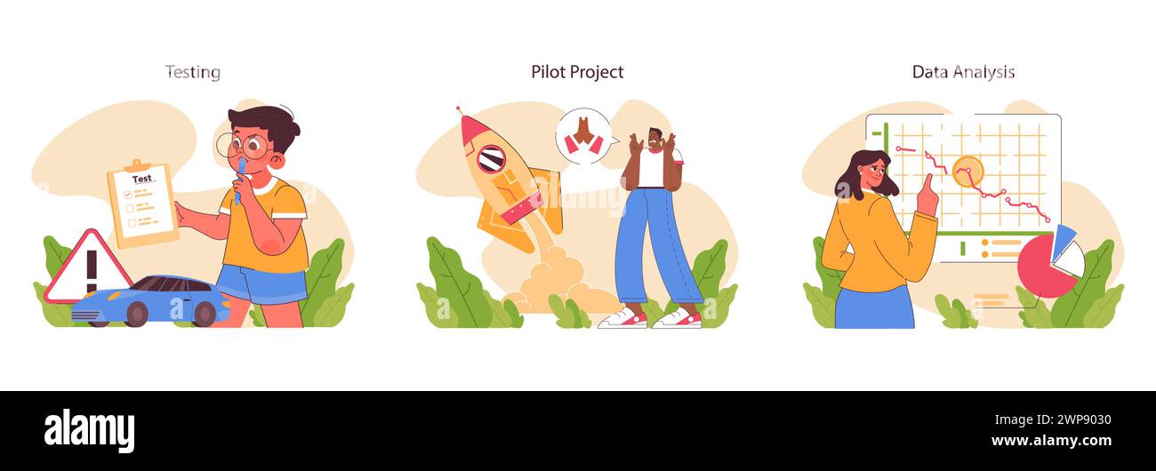 Innovation cycle set. Generation of a creative idea or business solution. Start up or new ...