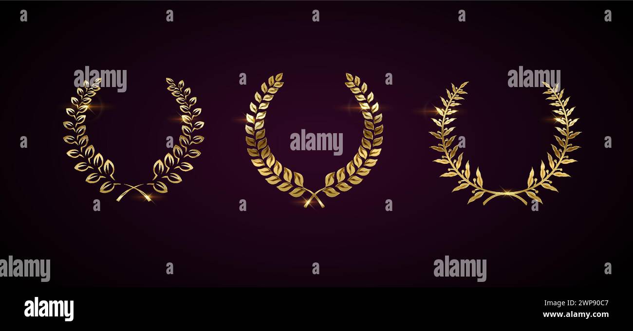 Sparkling golden laurel garlands realistic vector illustration set. Bay ...