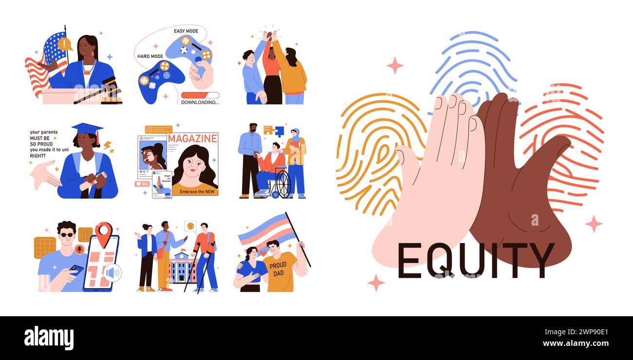 Equity and inclusion set. Diverse people acceptance and accessibility. Social and corporate ...