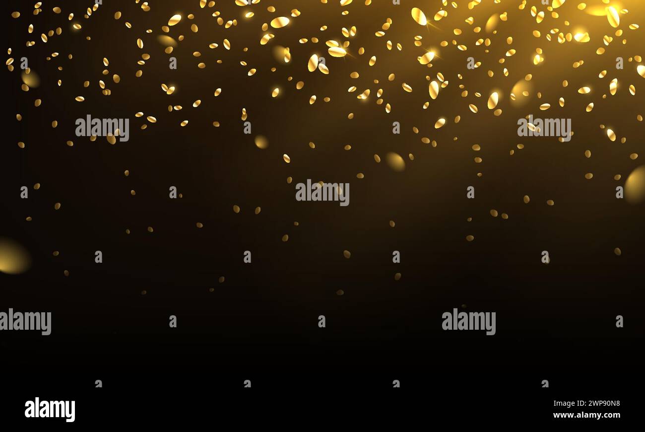 Golden glitter drops flying in rays realistic vector illustration ...
