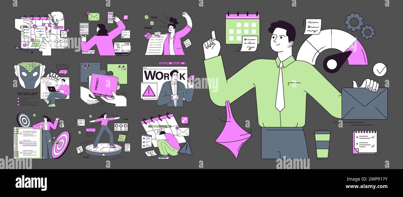 Employee efficiency dark or night mode set. Business employee ...