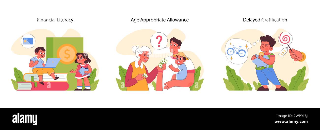 Pocket money set. Kids learning financial skills, from savings to budgeting. Allowance from ...