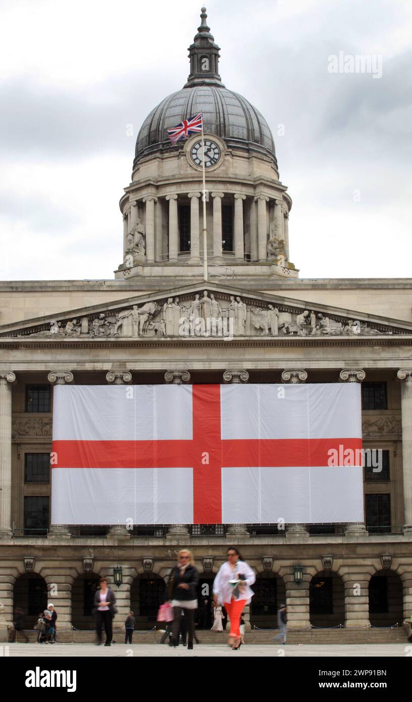 20/04/13 A giant St. George's Cross is unfurled on Nottingham Town Hall ...