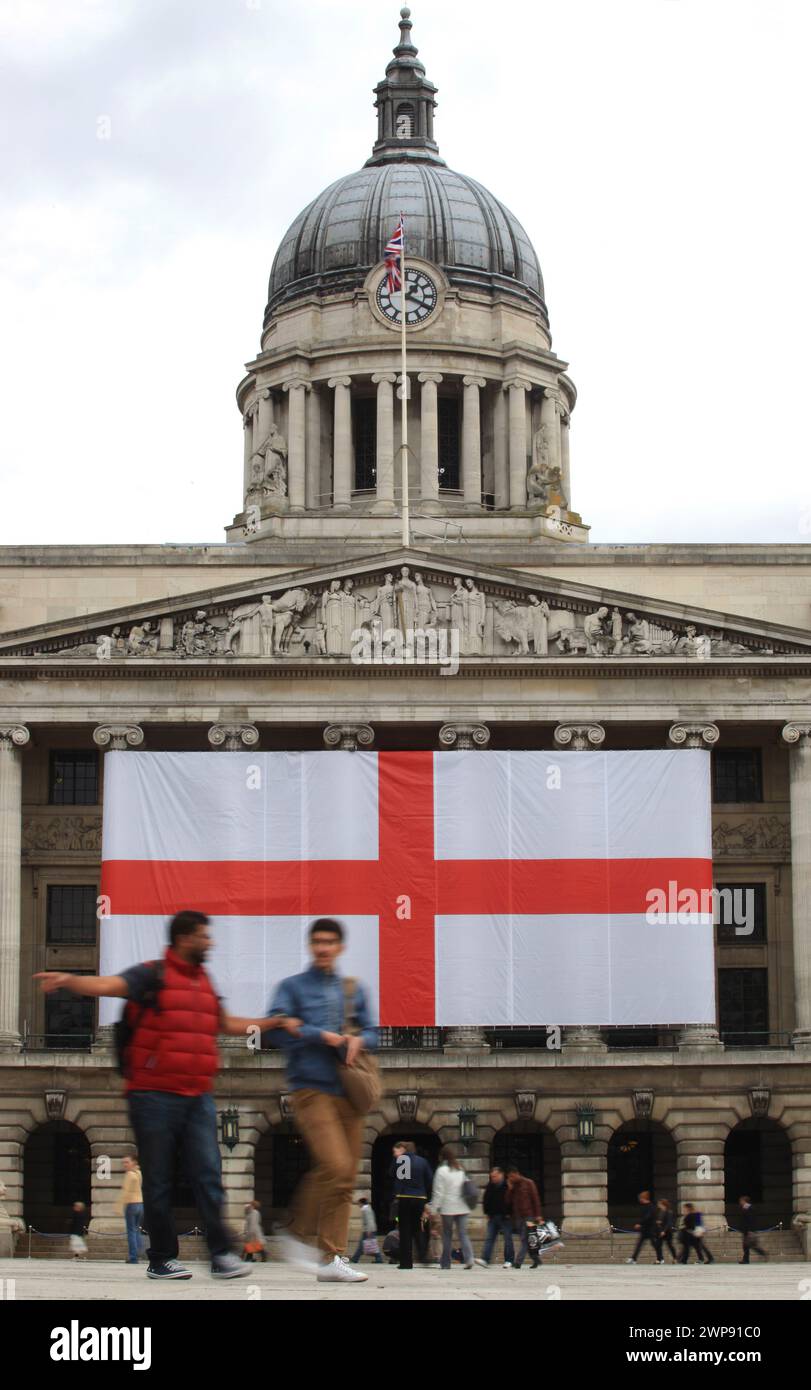 20/04/13 A giant St. George's Cross is unfurled on Nottingham Town Hall ...