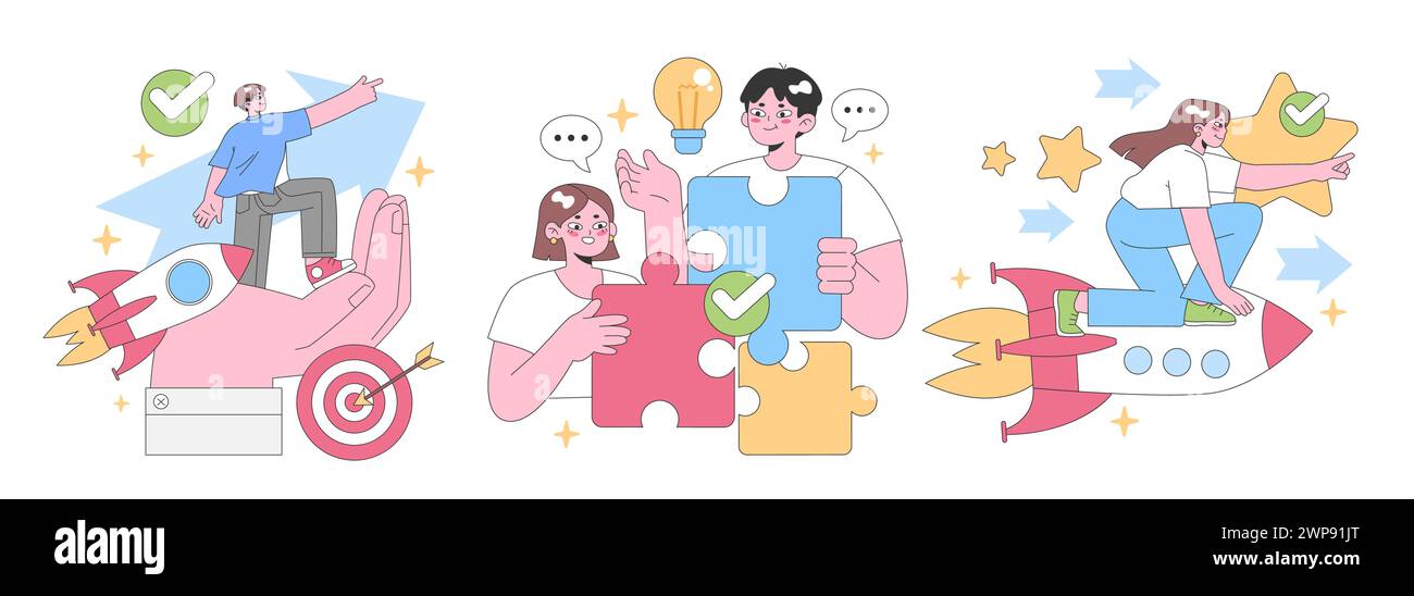 Achievement set. Celebrating success journey. Man on rocket, woman holding star, duo assembling ...