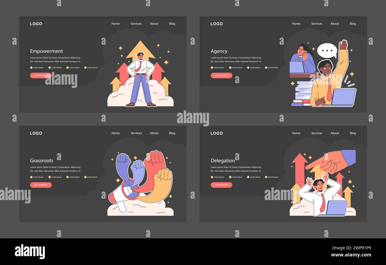 Empowerment dark or night mode web, landing set. Office employees, inclusive team collaboration ...
