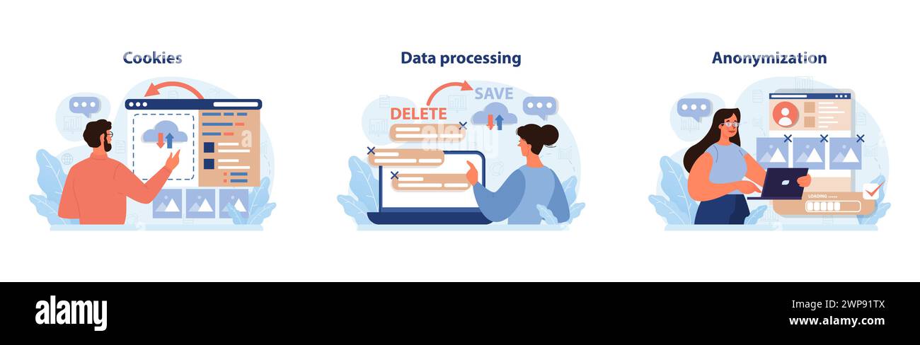 Digital Privacy set. Professionals navigate online data concepts ...