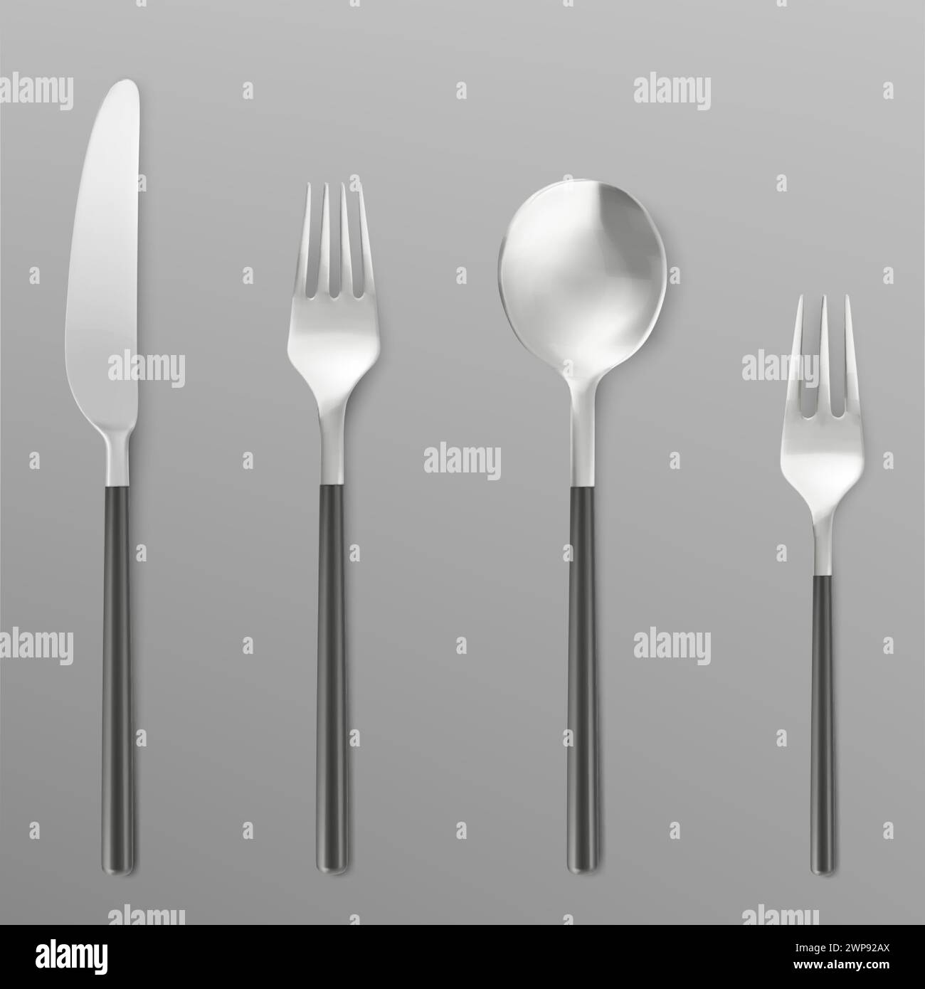 3D set of fork, knife and spoon isolated on white background. Vector realistic illustration of ...