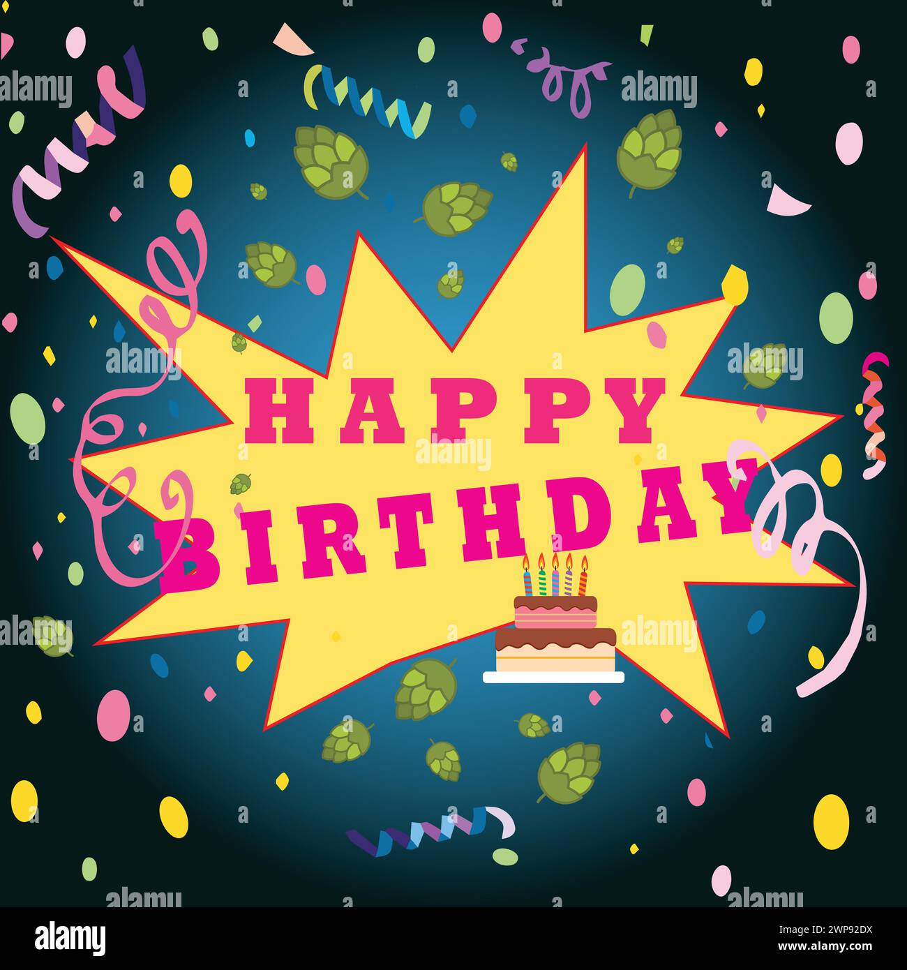 Happy birthday written on a boom star, birthday cake and confetti ...