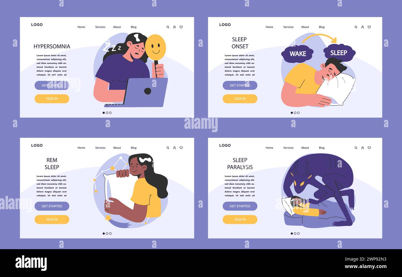 Insomnia web or landing set. Diverse characters suffering from sleep ...