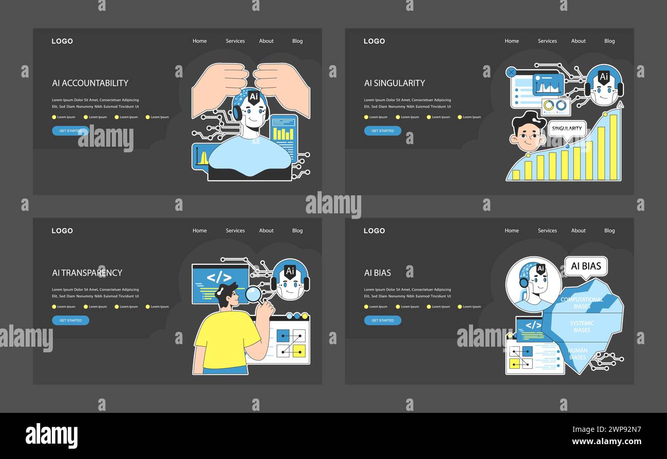 AI ethics web or landing dark or night mode set. Artificial intelligence regulation ...