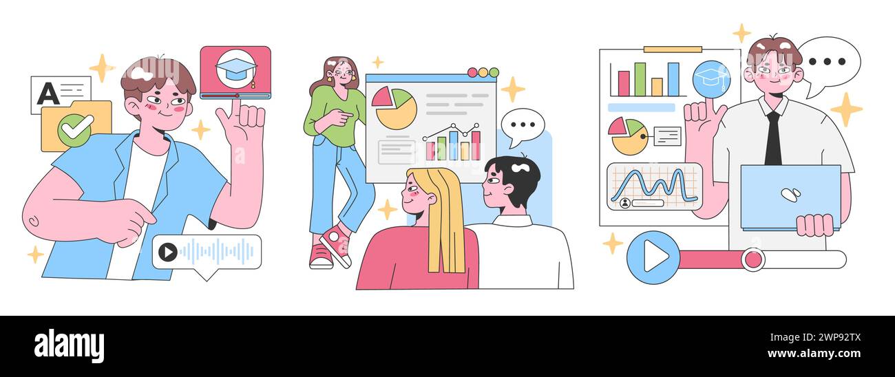 Digital Learning set. Engaging online courses and e-learning experiences. Laptop presentation ...