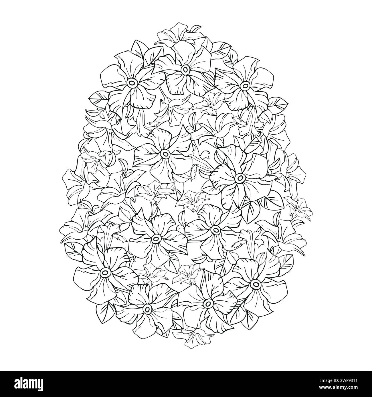 Line art spring flower Easter egg, hand drawn floral elements. Vector ...
