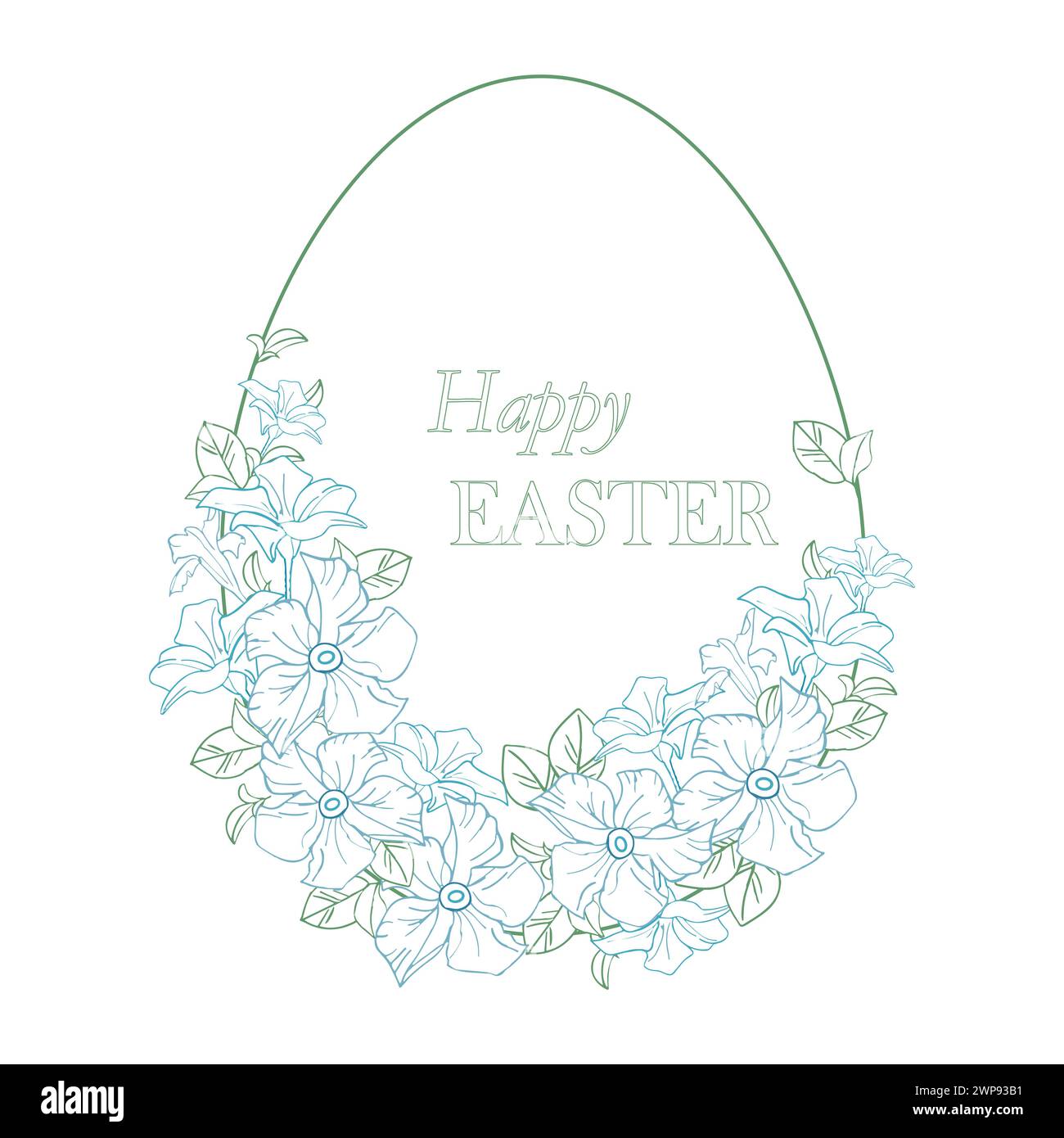 Line art spring blue flower Easter egg, hand drawn floral elements for ...