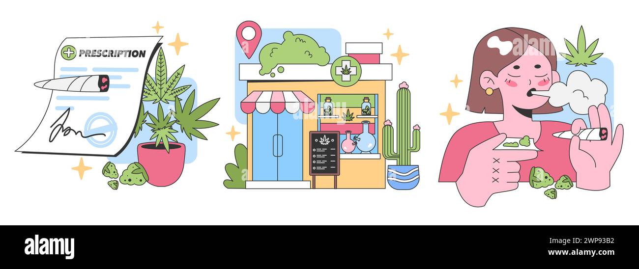 Medical Cannabis set. Prescription note, retail store, and relaxed user ...