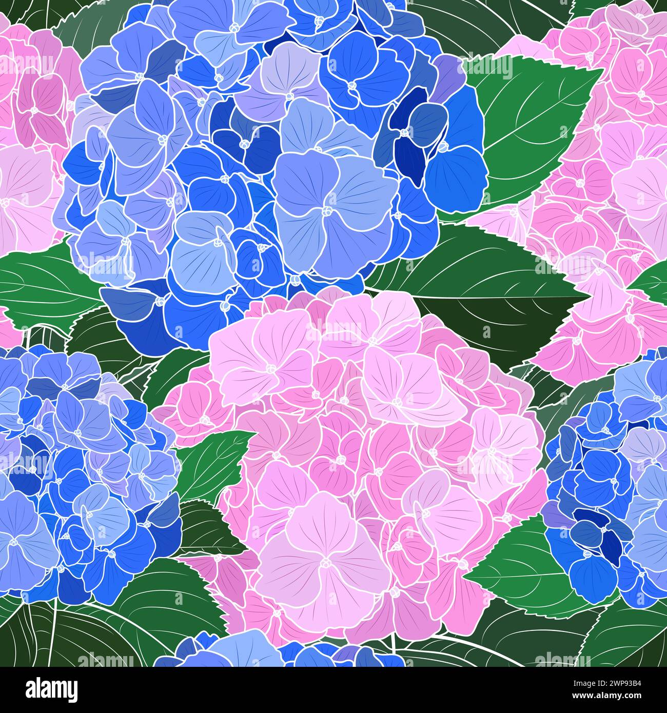 Vector botanical seamless pattern with blooming pink and blue hydrangea flowers. Floral repeat ...