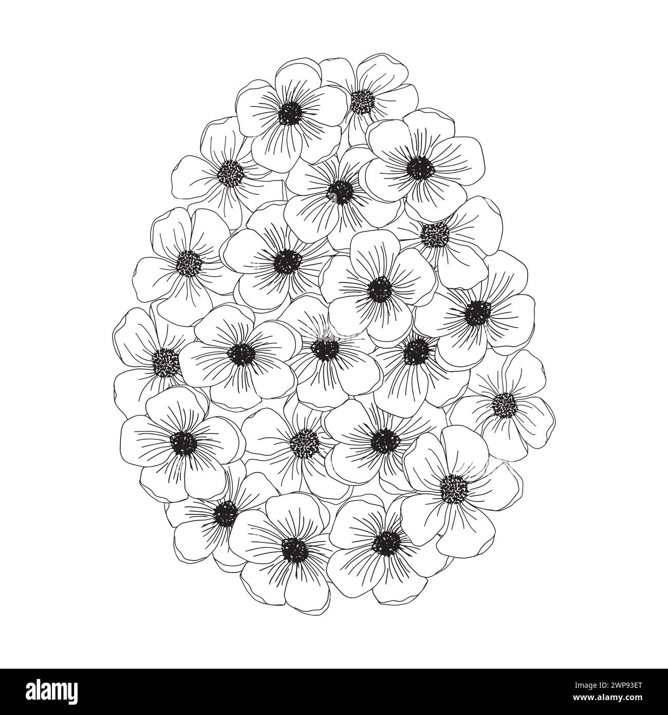 Line art spring flower Easter egg, hand drawn floral elements. Vector ...