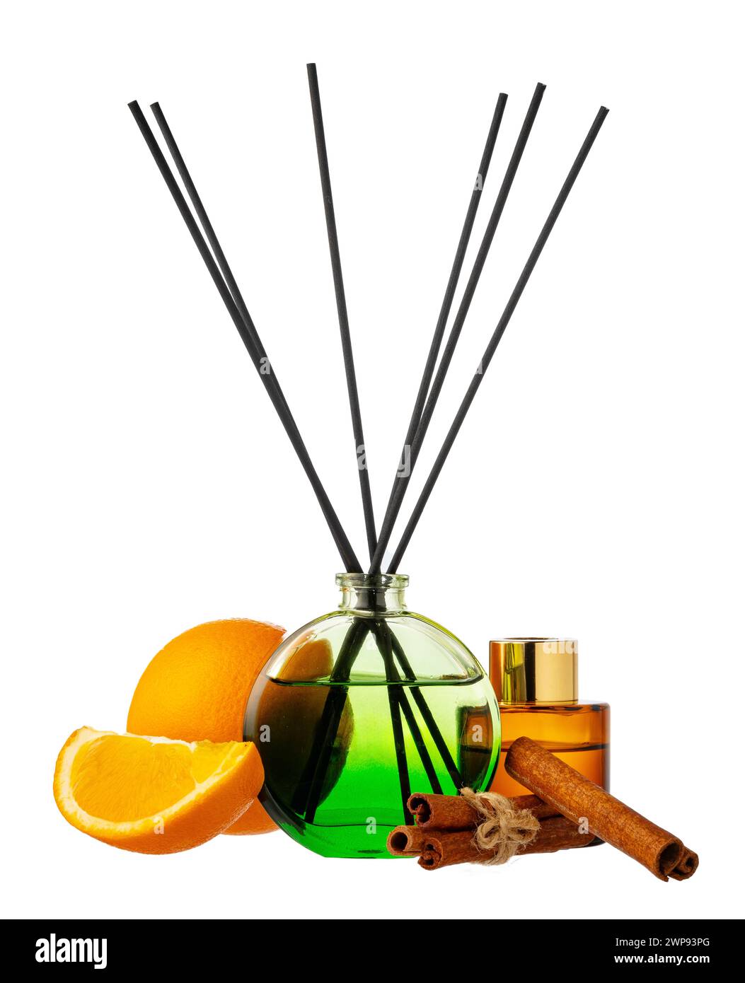 Aromatic diffuser with orange and cinnamon scent on white background ...