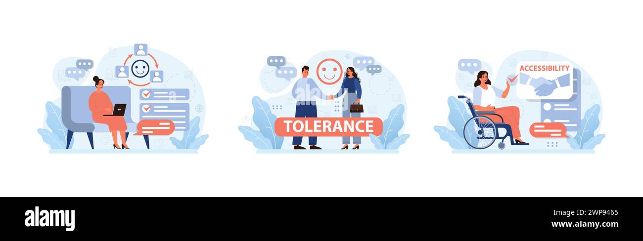 Inclusive workplace set. Modern employees collaborating, promoting ...