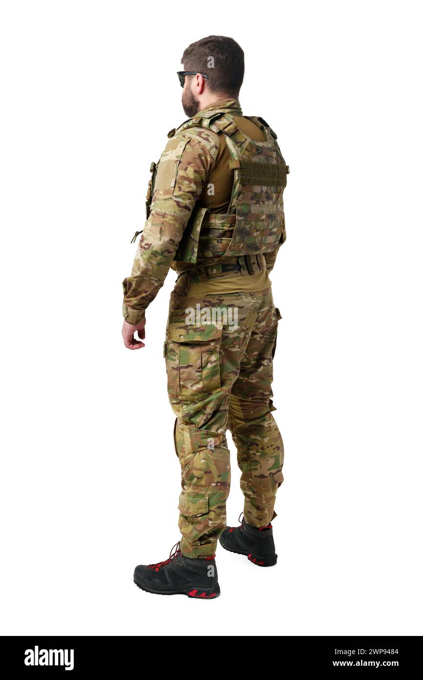 Back view of male soldier in military uniform isolated on white ...