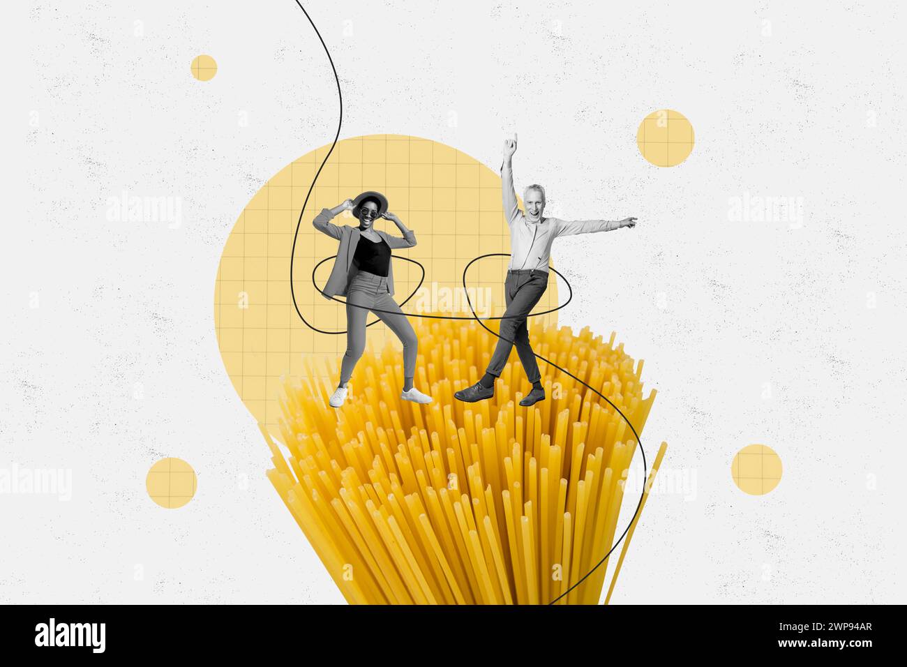 Collage picture of two mini black white colors overjoyed people dancing ...