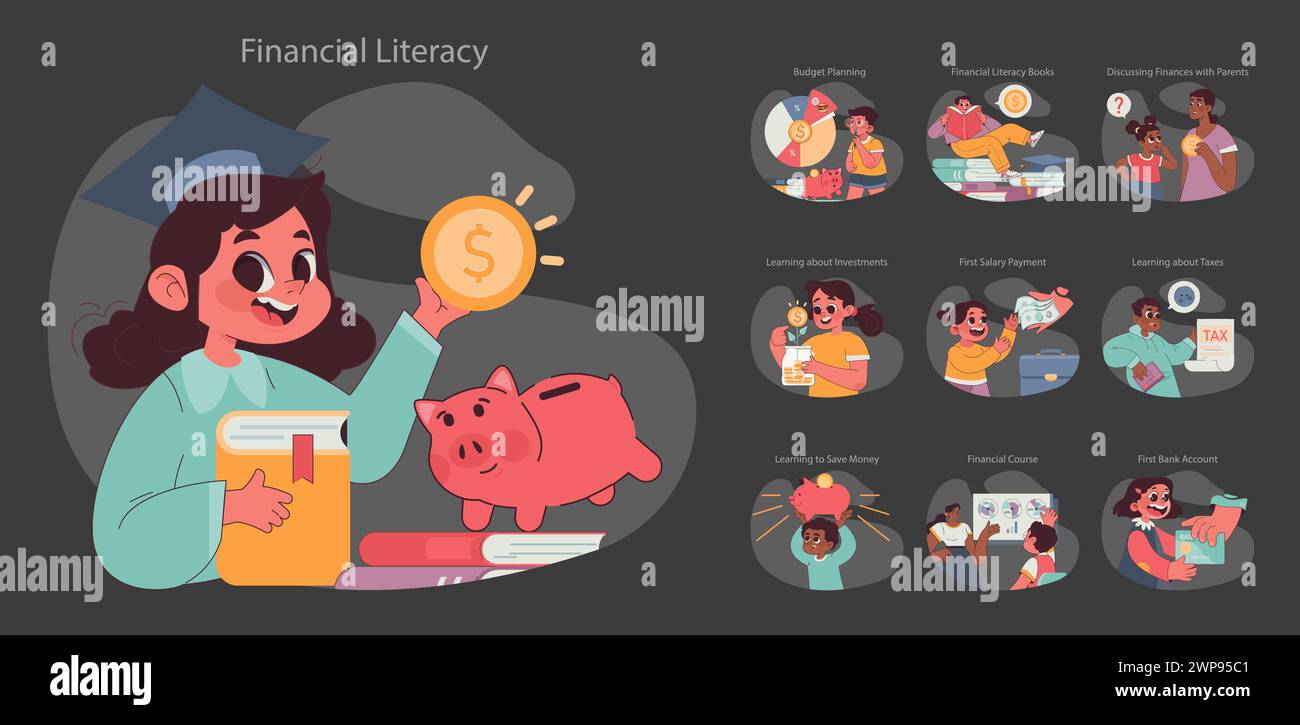 Child Financial Literacy set. Young students engaged in money ...