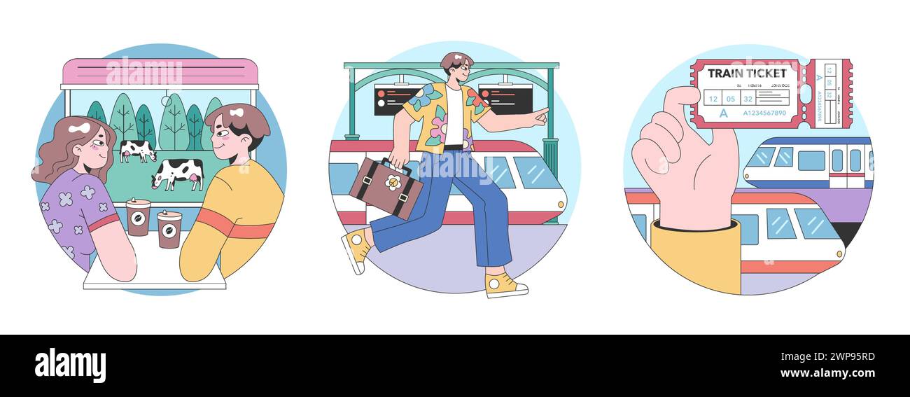 Train trip set. Characters traveling by train. Passengers with luggage ...