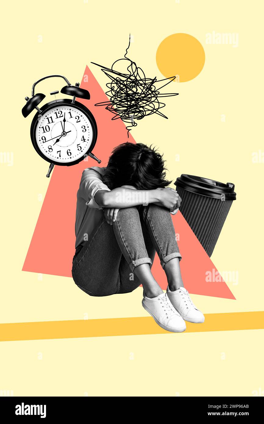 Vertical 3d photo collage of young girl put head give up tired clock ...