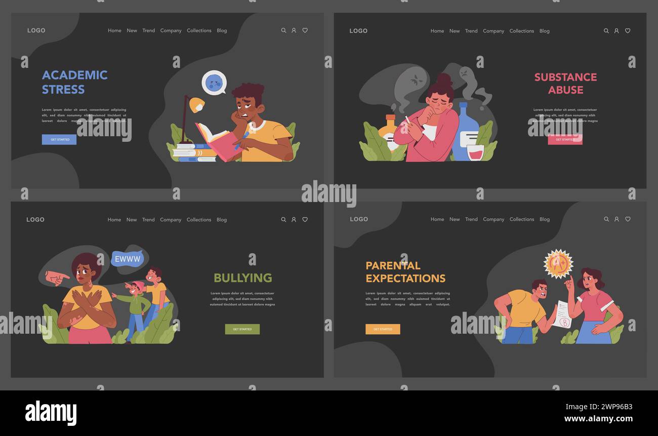 Pressure on teenagers dark or night mode web, landing set. Teens ... Pressure on teenagers dark or night mode web, landing set. Teens ...