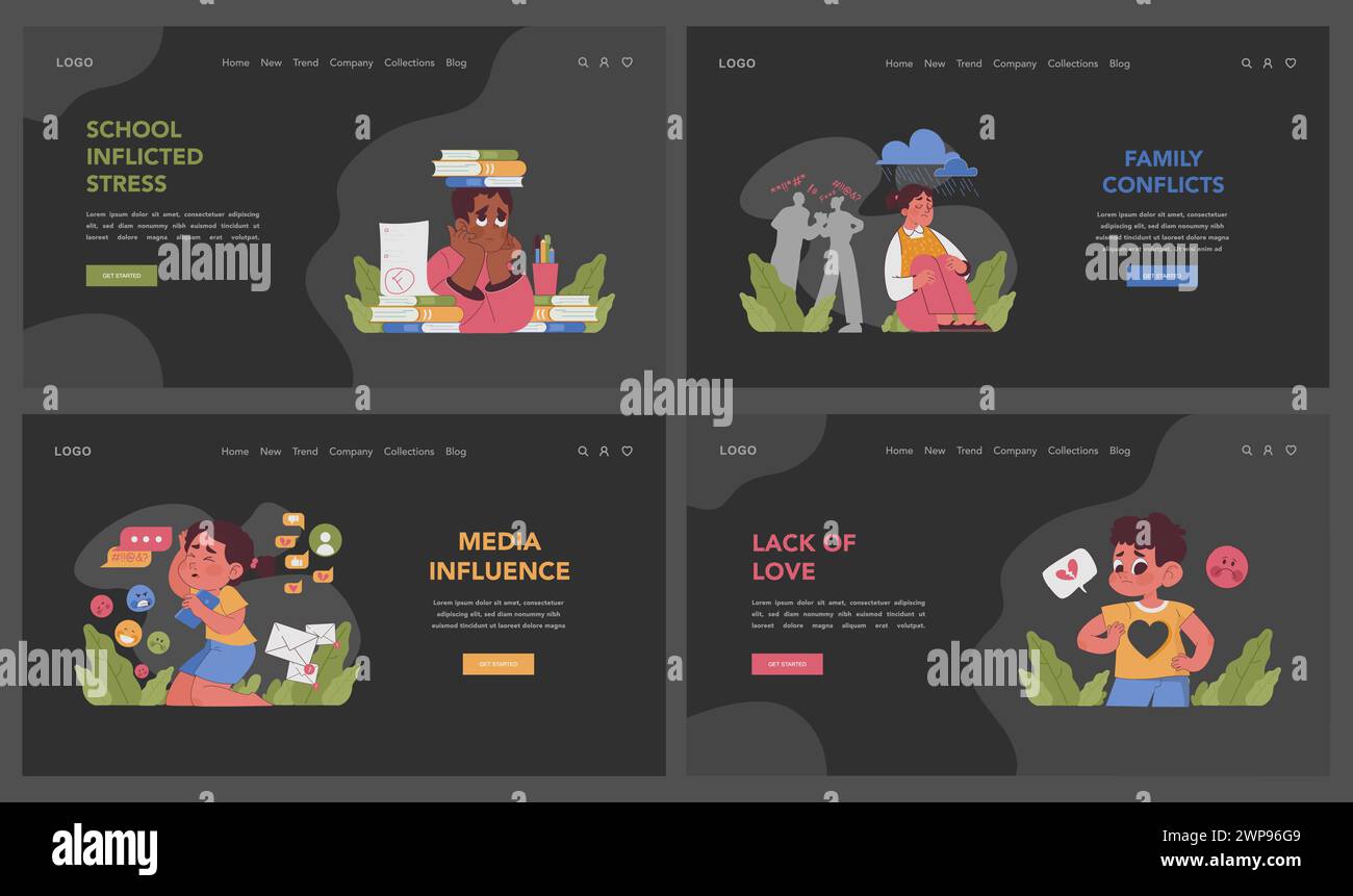 Childhood neurosis dark or night mode web or landing set. Children ...