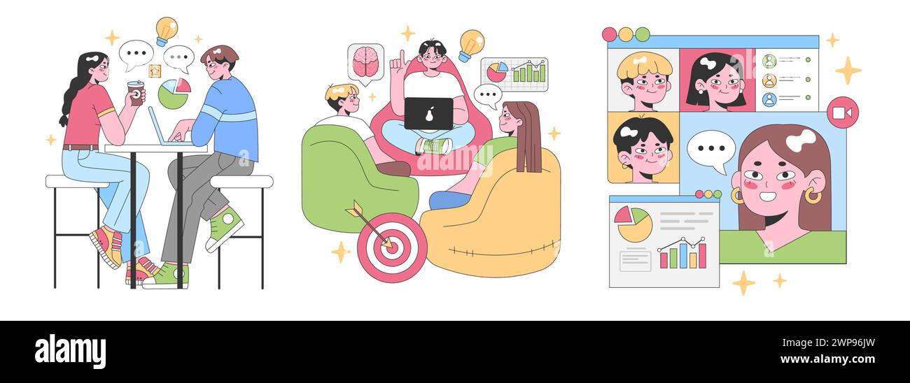 Collaboration set. Teams brainstorming, sharing innovative ideas ... Collaboration set. Teams brainstorming, sharing innovative ideas ...
