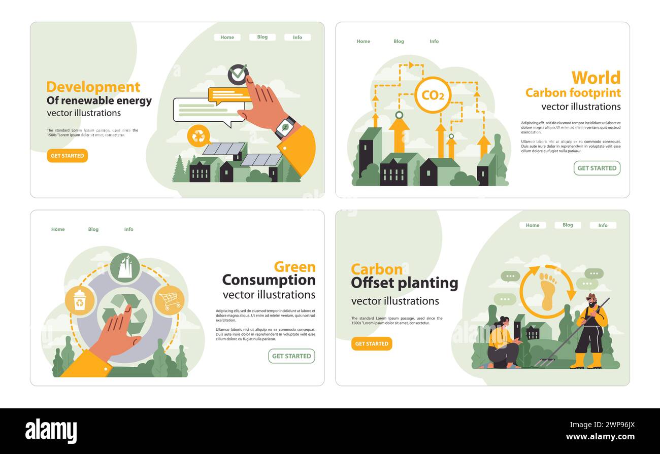 Eco awareness set. Progressive steps in renewable energy and reducing carbon footprints ...