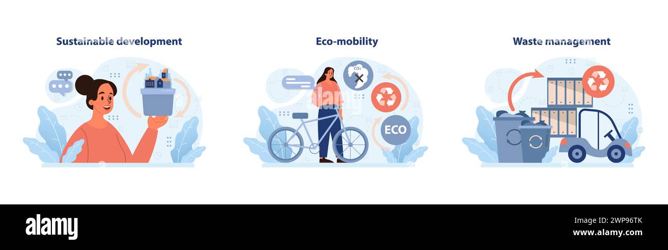 Eco conscious set. Woman presenting sustainable urban planning ...