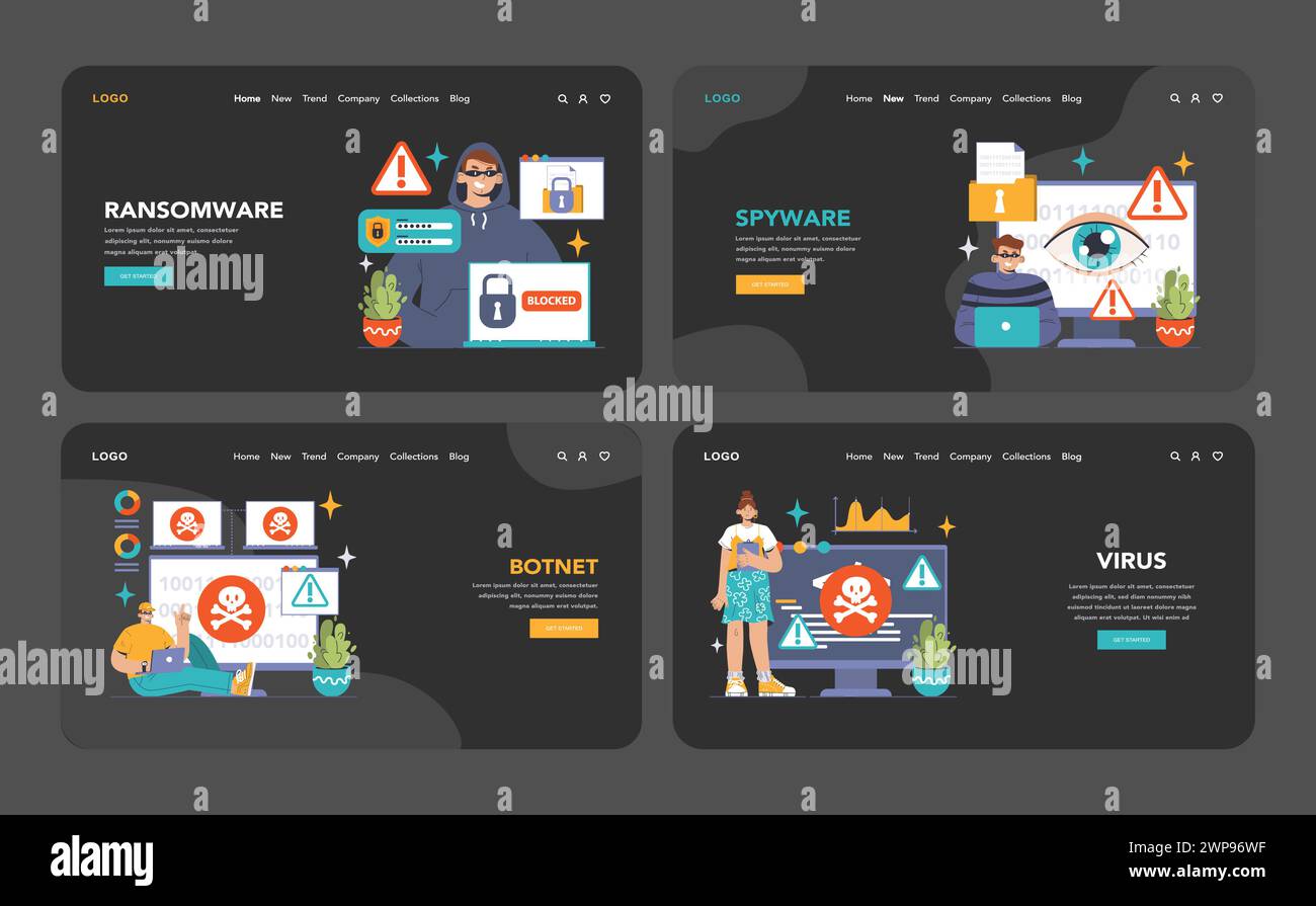 Cybersecurity Dark Or Night Mode Web Landing Set Protecting Data
