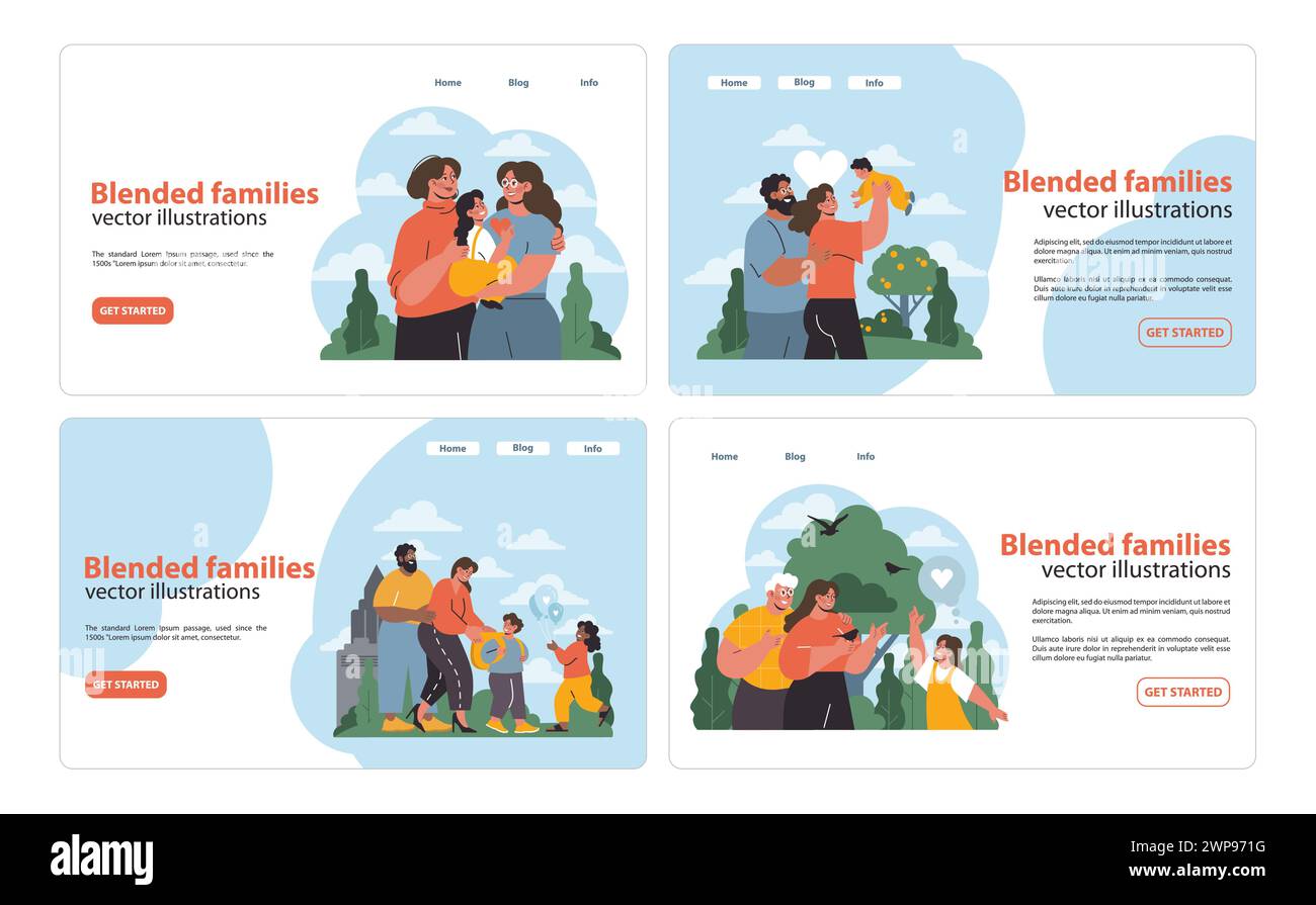 Blended Family Web Banners set. Vibrant webpage designs showcasing ...