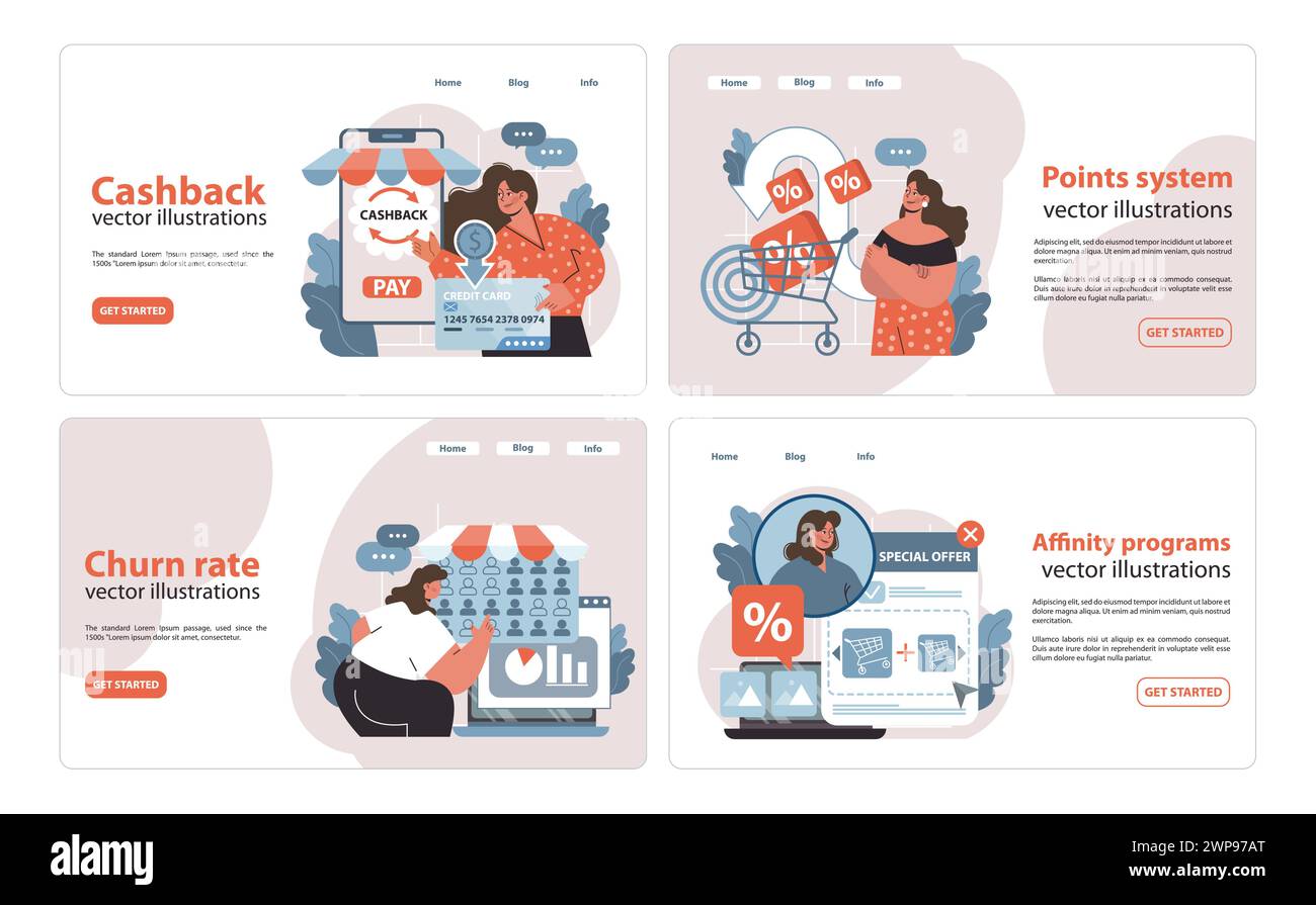 Loyalty Program Concepts set. Consumers interact with rewards: from cashback offers and points ...