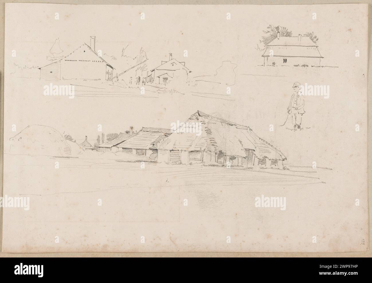 Three sketches of rural buildings, sketch of a man of a man; Verso ...