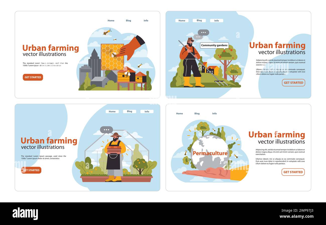 Urban farming set. City beekeeping, rooftop gardens. Gardener tending ...
