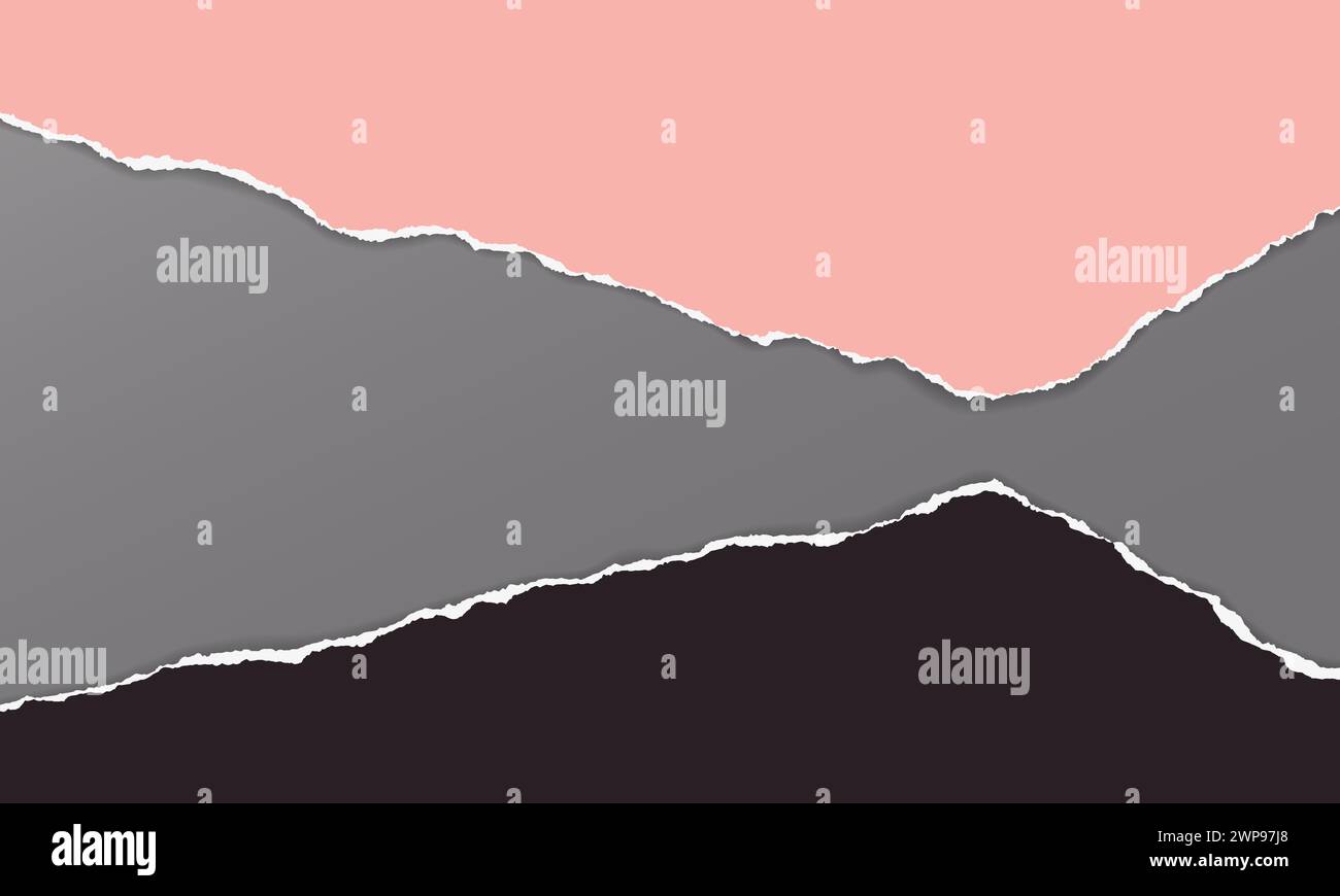 Torn, ripped pink, black paper strips with soft shadow are on dark grey ...