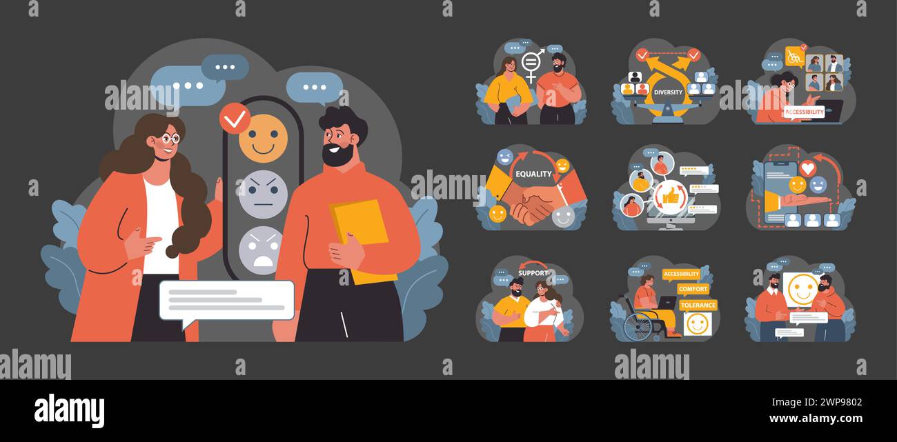 Inclusion at Work set. Professionals collaborate on projects, promote ...