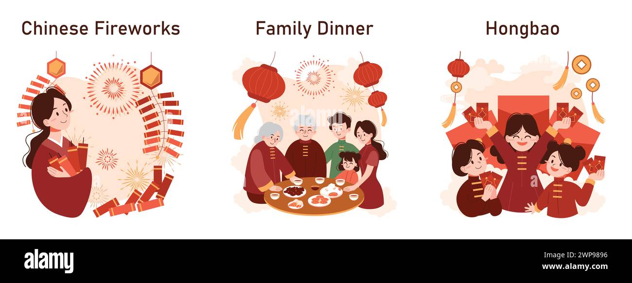Chinese New Year tradition set. Cheerful asian family leisure on ...