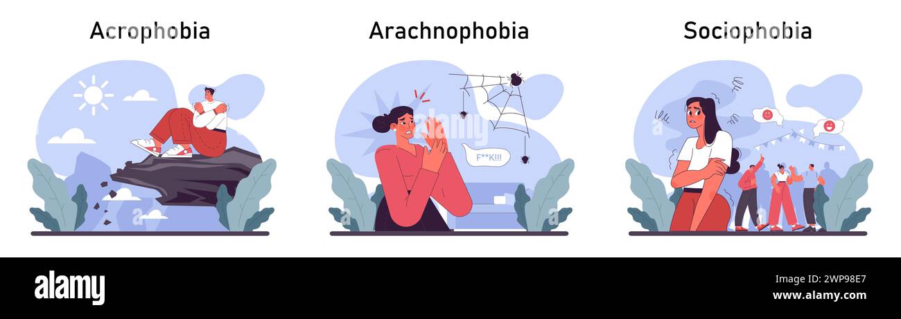 Phobia set. Human's irrational inner fears and panic. Mental disorder ...