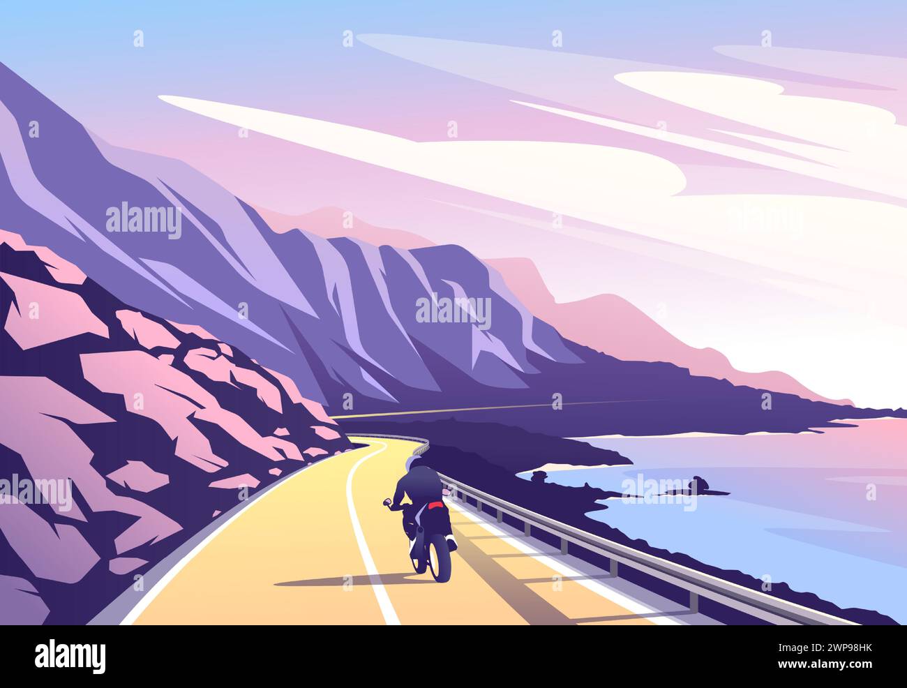 Vector illustration of a motorcyclist riding along a winding mountain ...