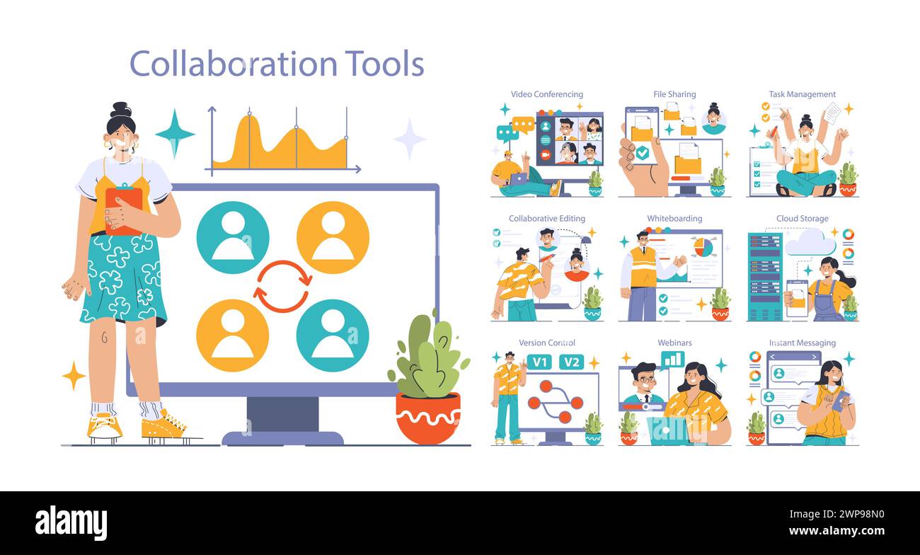 Collaboration tools set. Business characters showcasing version control ...